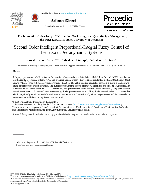 Pdf Second Order Intelligent Proportional Integral Fuzzy Control Of Twin Rotor Aerodynamic Systems 