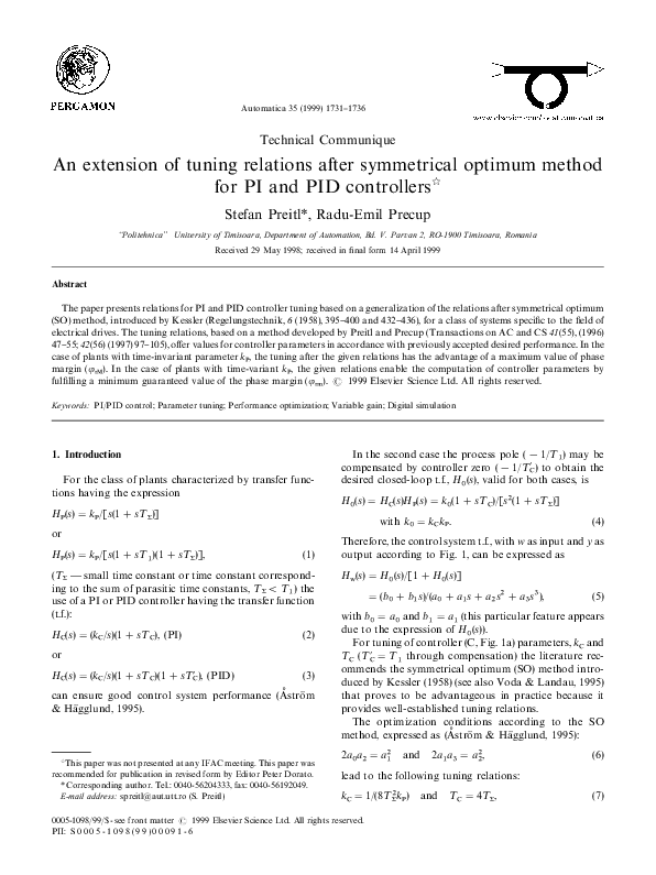 (PDF) An extension of tuning relations after symmetrical optimum method for PI and PID controllers
