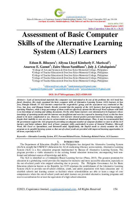 (PDF) Assessment of Basic Computer Skills of the Alternative Learning ...