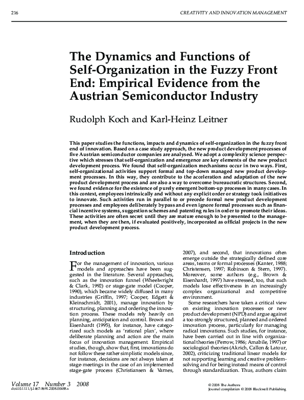 (PDF) The Dynamics and Functions of Self‐Organization in the Fuzzy Front End: Empirical Evidence ...