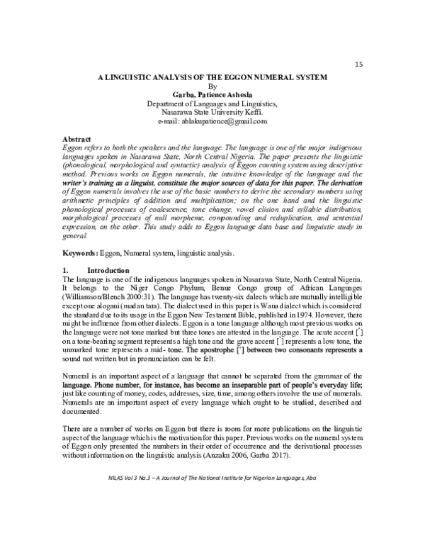 (PDF) A LINGUISTIC ANALYSIS OF THE EGGON NUMERAL SYSTEM