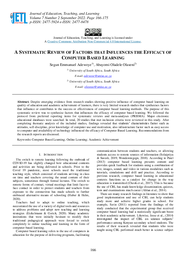 (PDF) A Systematic Review of Factors that Influences the Efficacy of Computer Based Learning ...