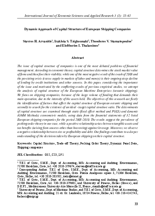 (PDF) Dynamic Approach of Capital Structure of European Shipping Companies