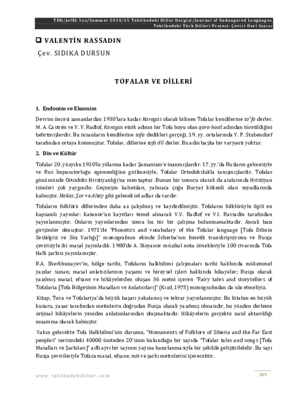 (PDF) Tofalar ve Dilleri (Çev.) Sıdıka DURSUN