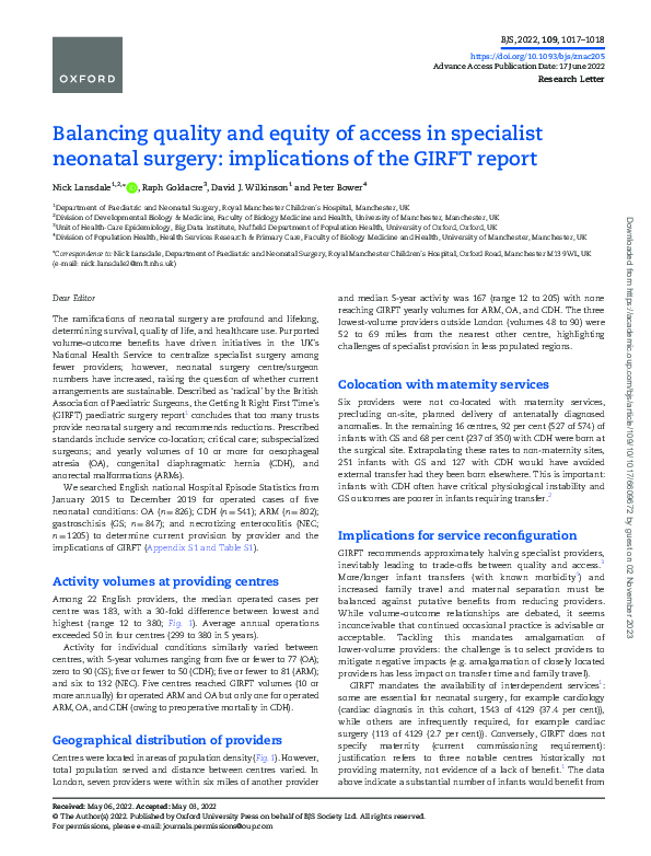 (PDF) Balancing quality and equity of access in specialist neonatal surgery: implications of the ...