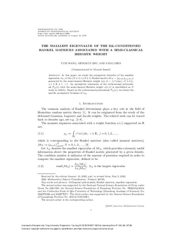 (PDF) THE SMALLEST EIGENVALUE OF THE ILL-CONDITIONED HANKEL MATRICES ASSOCIATED WITH A SEMI ...