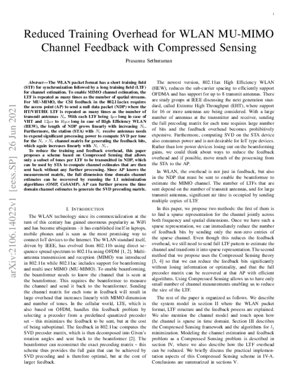 (PDF) Reduced Training Overhead for WLAN MU-MIMO Channel Feedback with Compressed Sensing ...