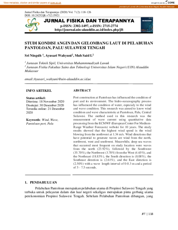 (PDF) Studi Kondisi Angin Dan Gelombang Laut DI Pelabuhan Pantoloan ...