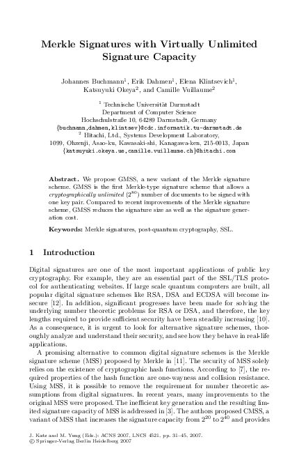 (PDF) Merkle Signatures with Virtually Unlimited Signature Capacity