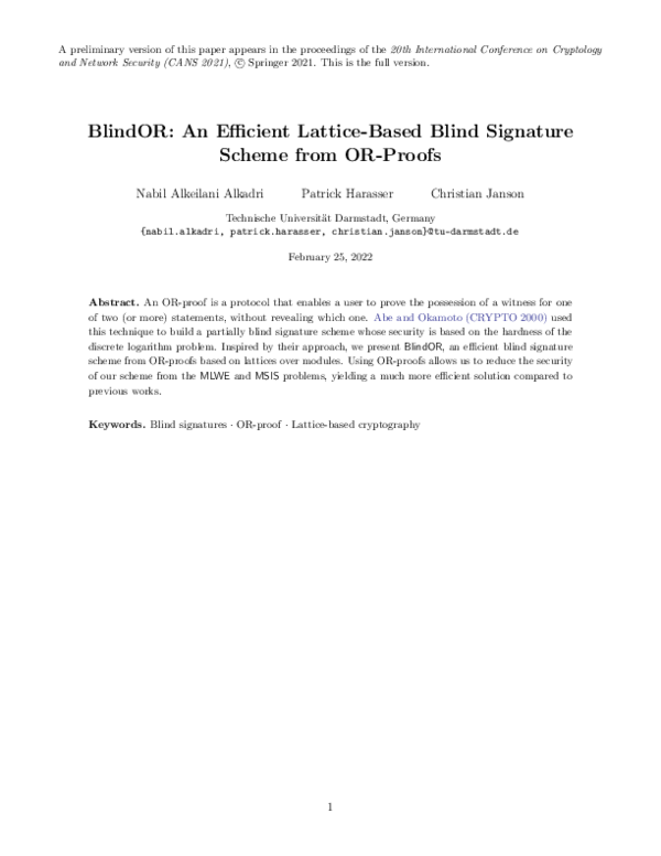 (PDF) BlindOR: an Efficient Lattice-Based Blind Signature Scheme from ...