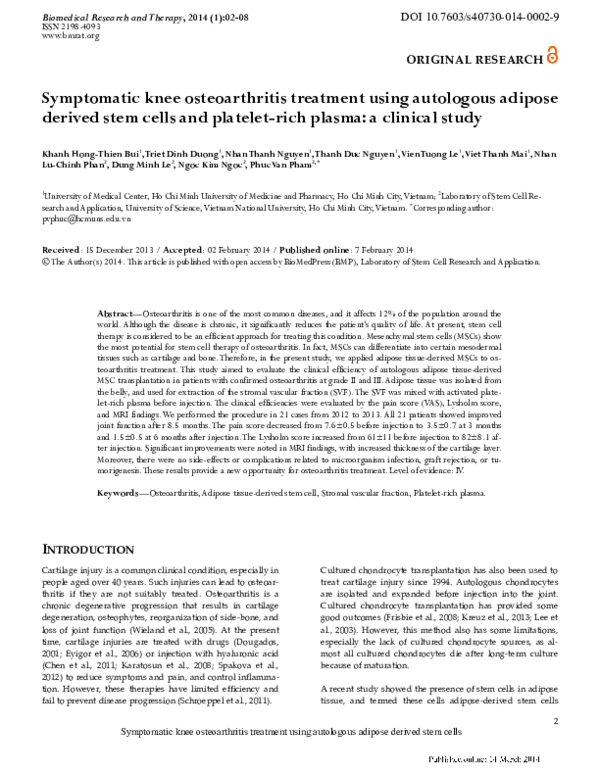 (PDF) Symptomatic knee osteoarthritis treatment using autologous adipose derived stem cells and ...