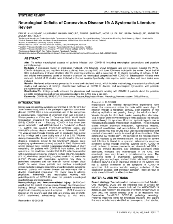 (PDF) Neurological Deficits of Coronavirus Disease-19: A Systematic ...