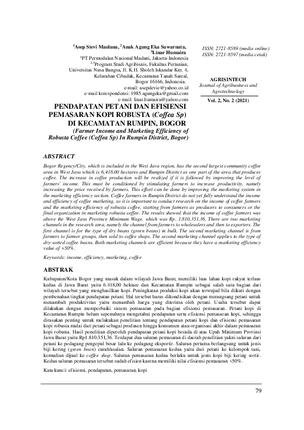 (PDF) Pendapatan Petani dan Efisiensi Pemasaran Kopi Robusta (Coffea sp ...