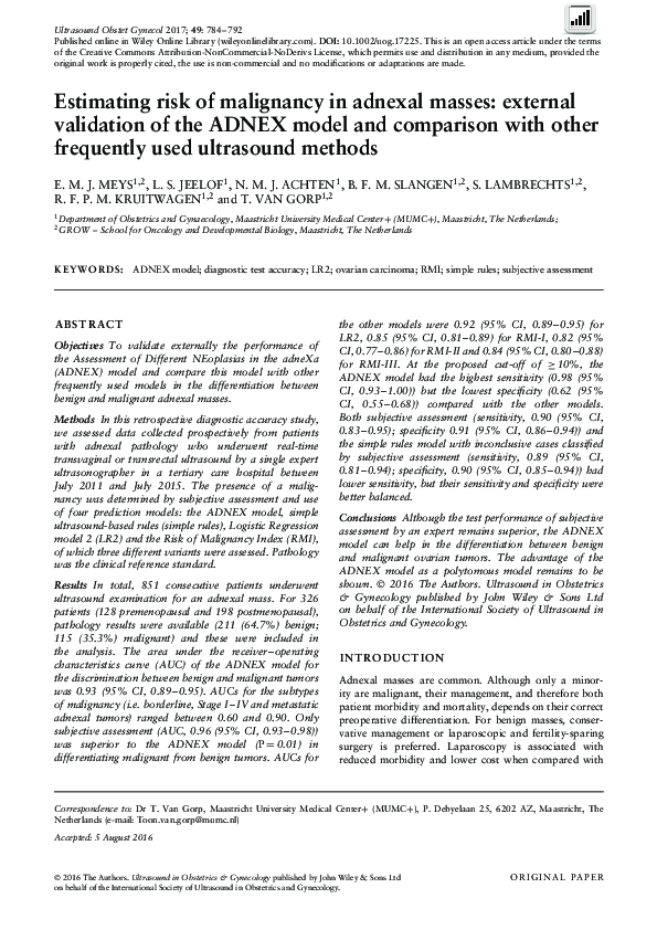 (PDF) Estimating risk of malignancy in adnexal masses: external validation of the ADNEX model ...