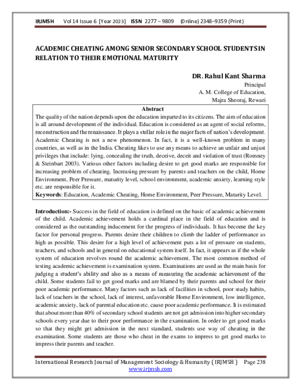 (PDF) ACADEMIC CHEATING AMONG SENIOR SECONDARY SCHOOL STUDENTS IN ...