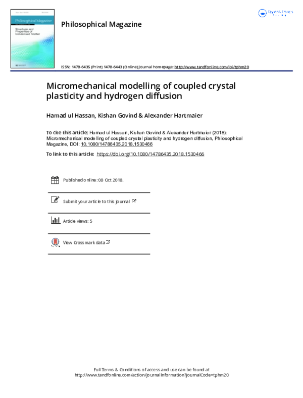 (PDF) Micromechanical modelling of coupled crystal plasticity and hydrogen diffusion