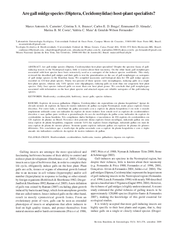 (PDF) Are gall midge species (Diptera, Cecidomyiidae) host-plant ...