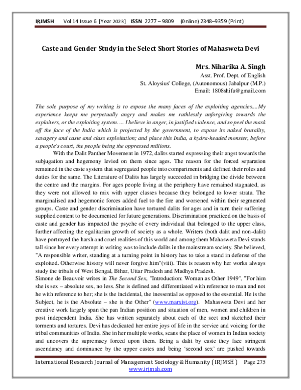 (PDF) Caste and Gender Study in the Select Short Stories of Mahasweta Devi