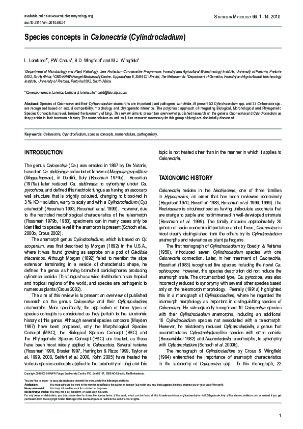 (PDF) Species concepts in Calonectria (Cylindrocladium)