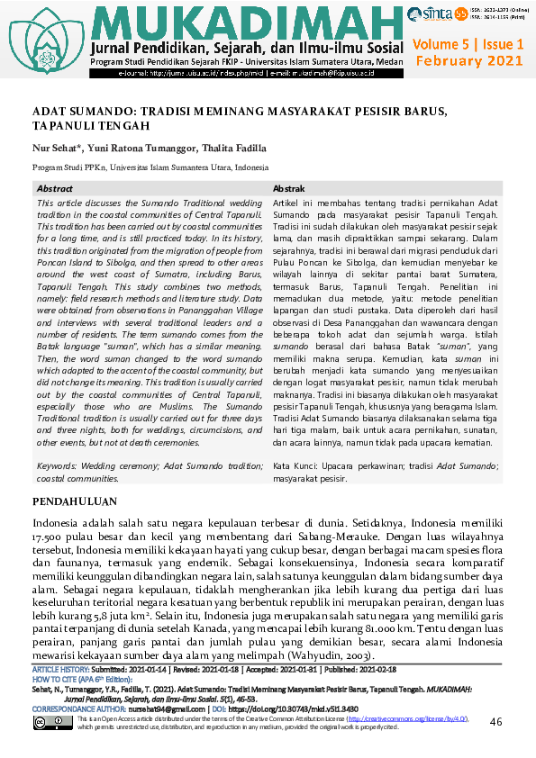 (PDF) Adat Sumando: Tradisi Meminang Masyarakat Pesisir Barus, Tapanuli Tengah