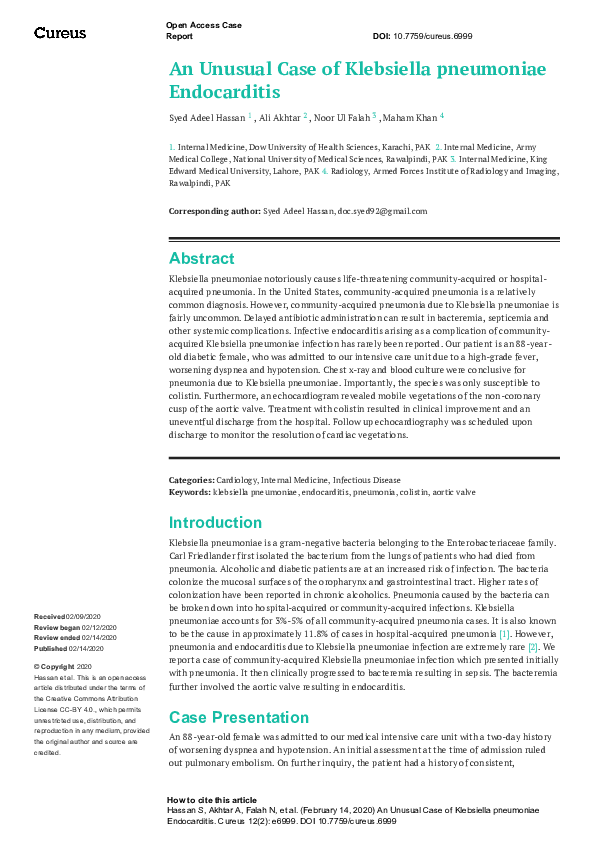 (PDF) An Unusual Case of Klebsiella pneumoniae Endocarditis