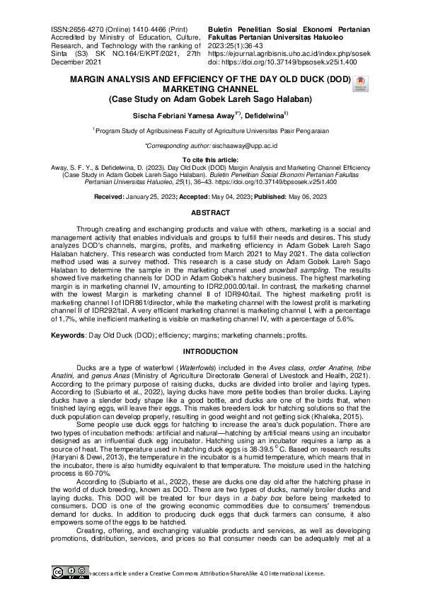 (PDF) Margin Analysis and Efficiency of the Day Old Duck (DOD) Marketing Channel (Case Study on ...