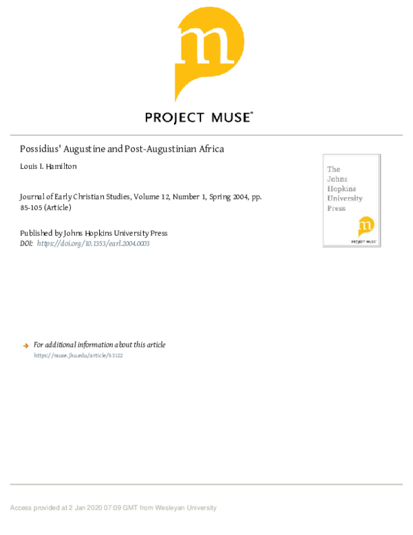 (PDF) Possidius' Augustine and Post-Augustinian Africa