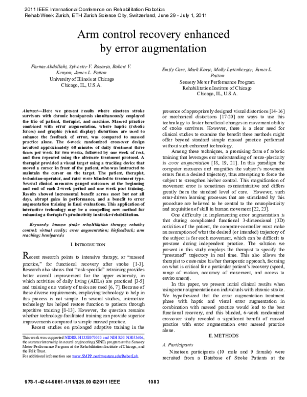 (PDF) Arm control recovery enhanced by error augmentation