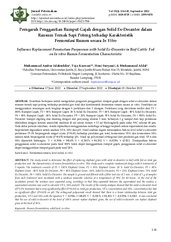 (PDF) Perngaruh Penggantian Rumput Gajah dengan Solid Ex-Decanter dalam Ransum Ternak Sapi ...