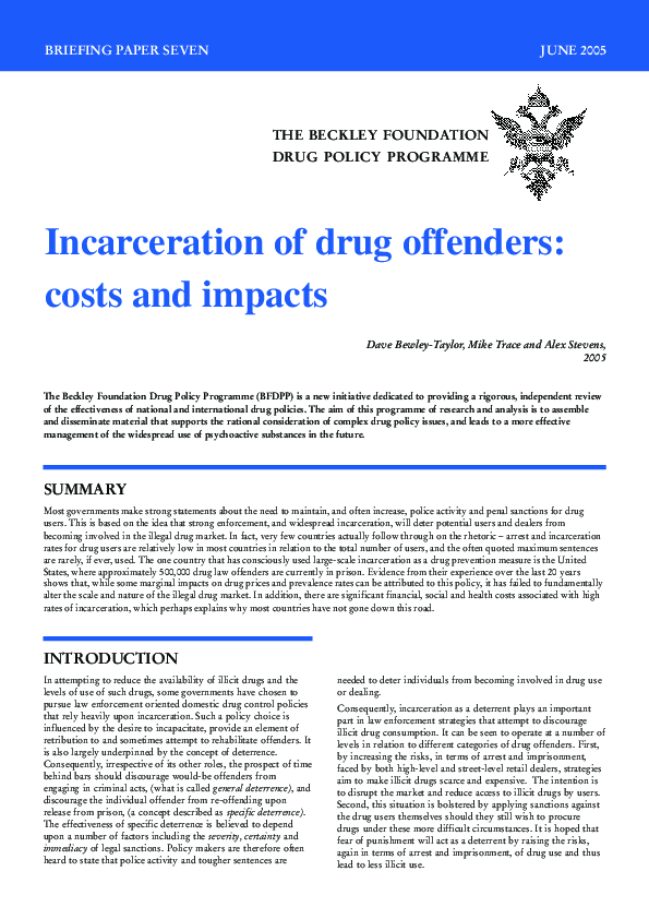 (PDF) Incarceration of drug offenders: Costs and impacts. Briefing ...