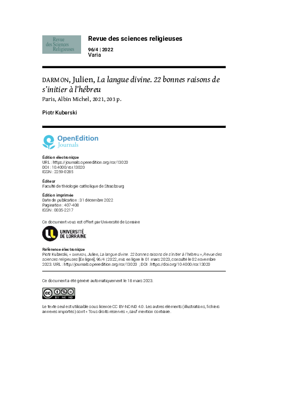 (PDF) Darmon, Julien, La langue divine. 22 bonnes raisons de s’initier ...