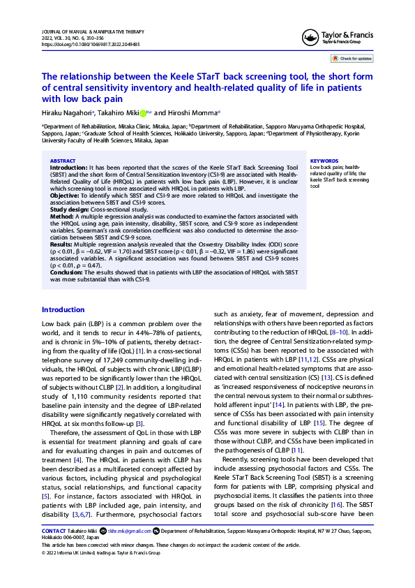 (PDF) The relationship between the Keele STarT back screening tool, the ...