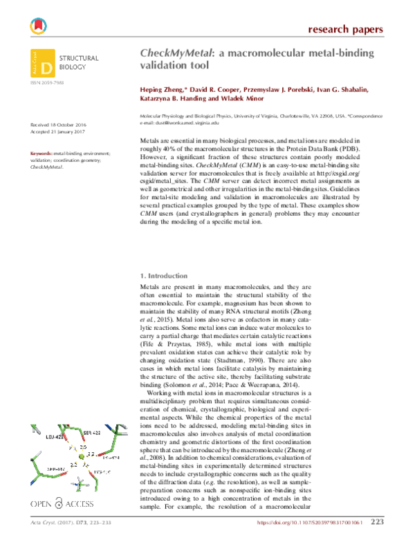 (PDF) CheckMyMetal: a macromolecular metal-binding validation tool