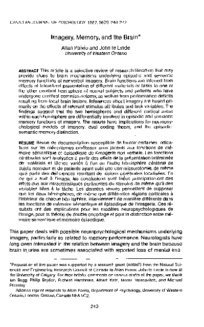 (PDF) Imagery, memory, and the brain | John Linde - Academia.edu