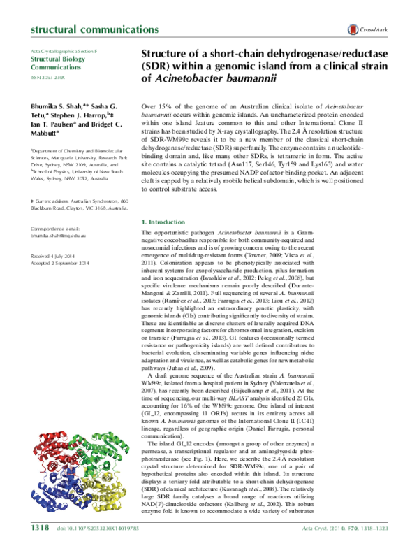 (PDF) Structure of a short-chain dehydrogenase/reductase fromBacillus ...