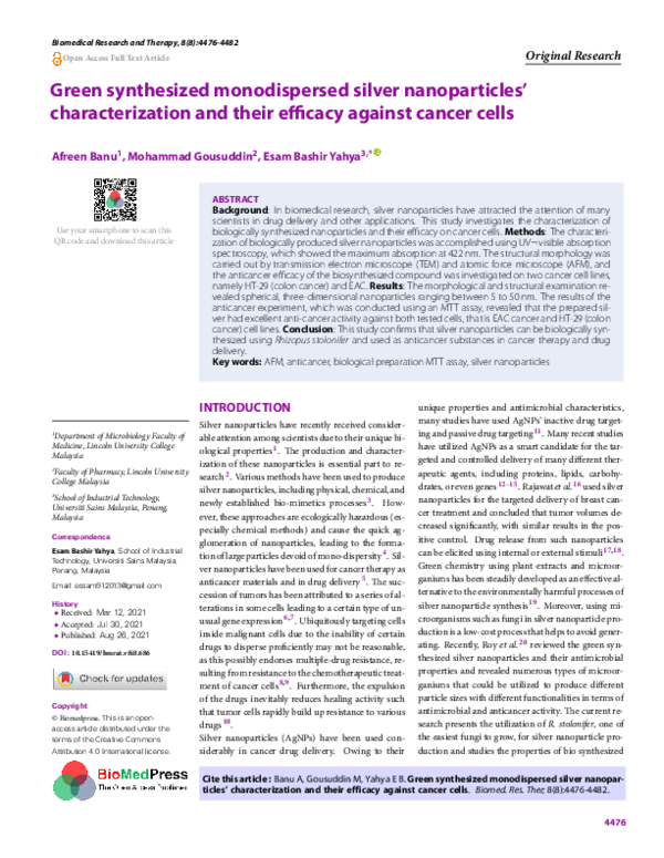 (PDF) Green synthesized monodispersed silver nanoparticles’ characterization and their efficacy ...