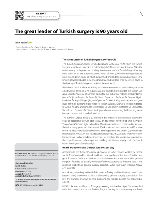 (PDF) The great leader of Turkish surgery is 90 years old