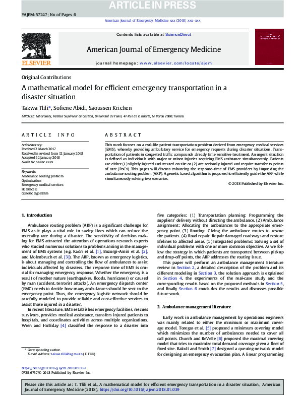 (PDF) A mathematical model for efficient emergency transportation in a ...
