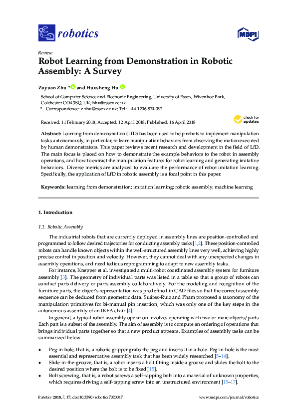 (PDF) Robot Learning from Demonstration in Robotic Assembly: A Survey