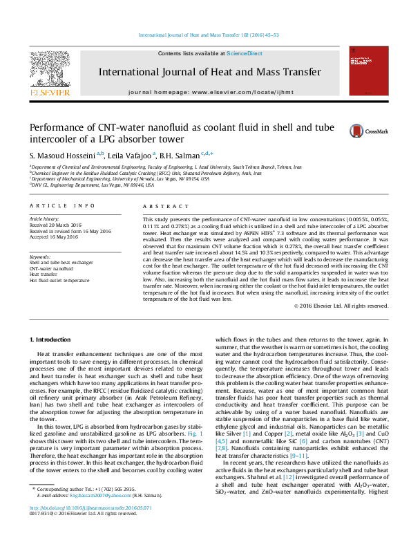 (PDF) Performance of CNT-water nanofluid as coolant fluid in shell and ...