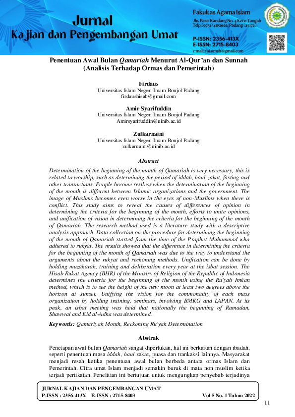 (PDF) Penentuan Awal Bulan Qamariah Menurut Al-Qur'an dan Sunnah (Analisis Terhadap Ormas dan ...