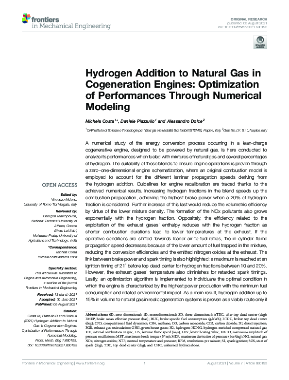 (PDF) Hydrogen Addition to Natural Gas in Cogeneration Engines: Optimization of Performances ...