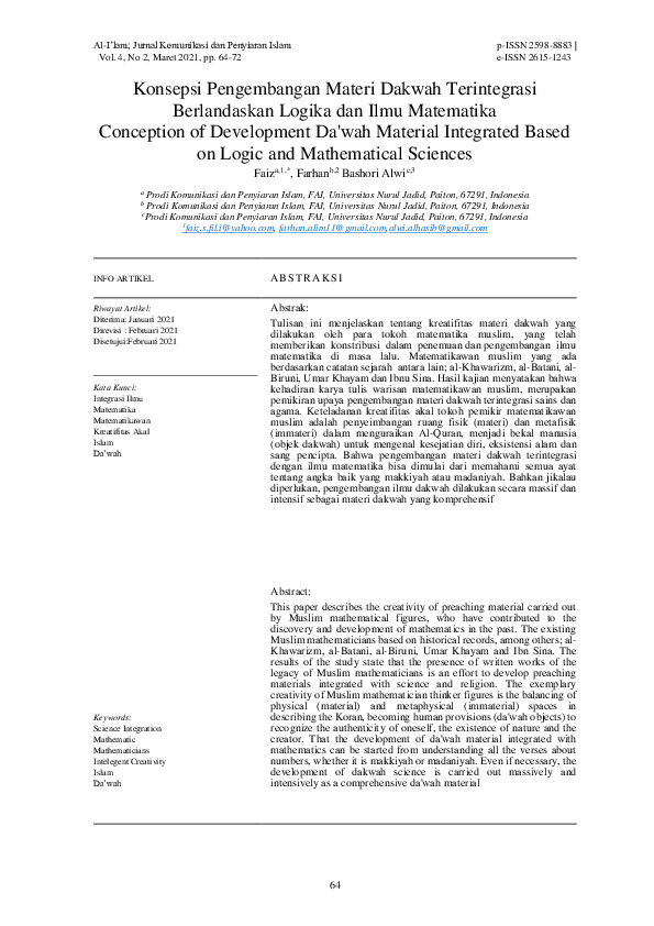 (PDF) Konsepsi Pengembangan Materi Dakwah Terintegrasi Berlandaskan Logika dan Ilmu Matematika ...