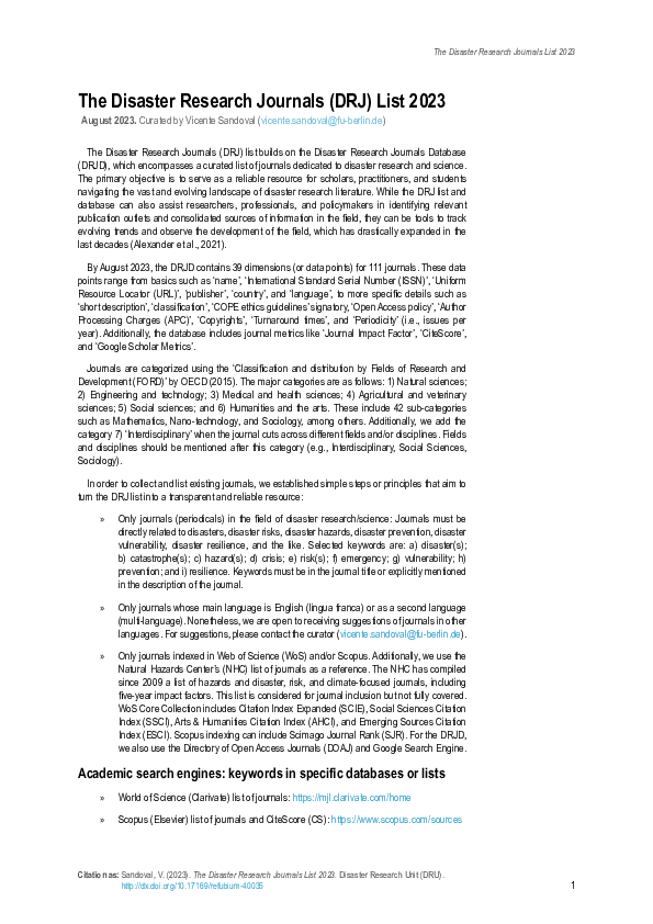 (PDF) The Disaster Research Journals List 2023