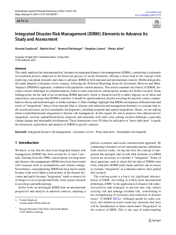 (PDF) Integrated Disaster Risk Management (IDRM): Elements to Advance ...