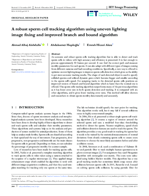 Pdf A Robust Sperm Cell Tracking Algorithm Using Uneven Lighting Image Fixing And Improved