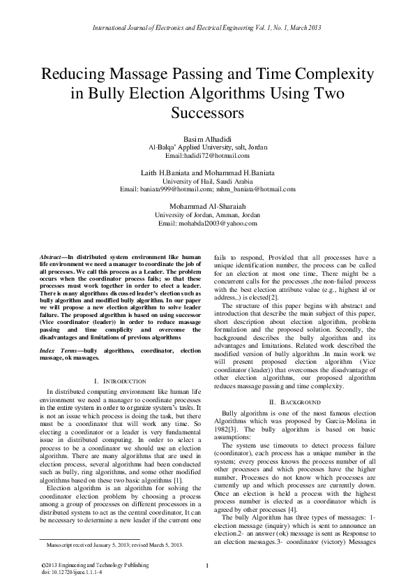 Pdf Reducing Massage Passing And Time Complexity In Bully Election Algorithms Using Two Successors