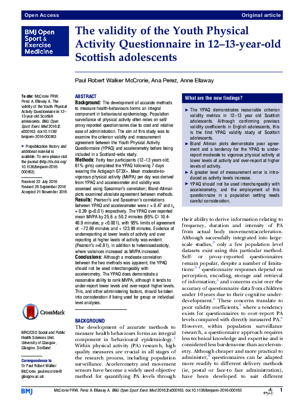 (PDF) The validity of the Youth Physical Activity Questionnaire in 12–13-year-old Scottish ...