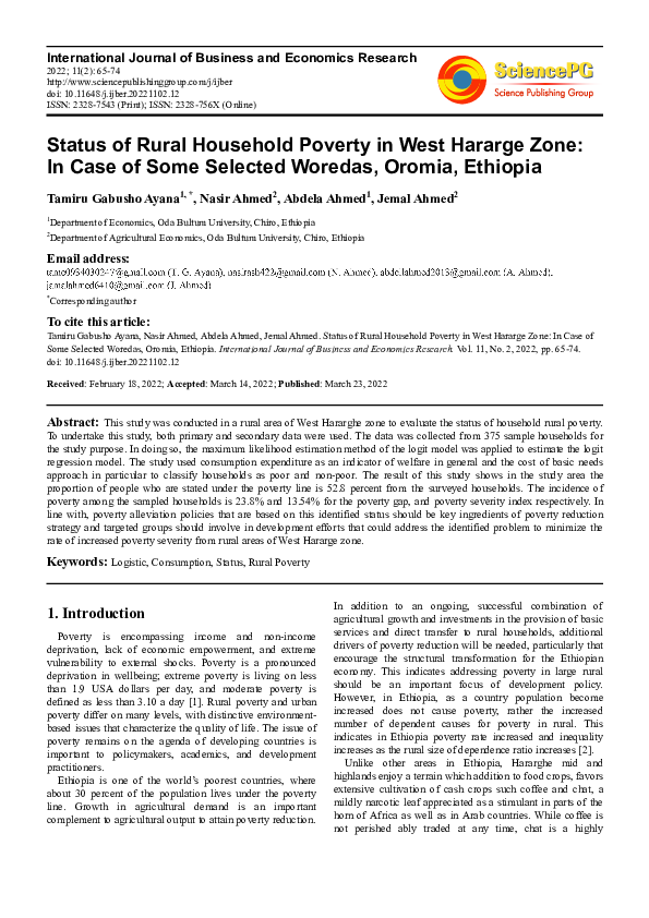 (PDF) Status of Rural Household Poverty in West Hararge Zone: In Case ...