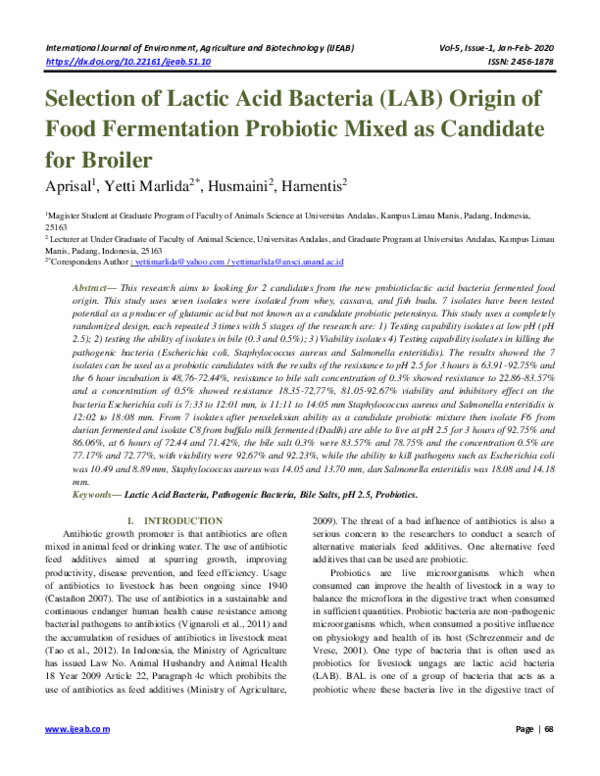 (PDF) Selection of Lactic Acid Bacteria (LAB) Origin of Food Fermentation Probiotic Mixed as ...